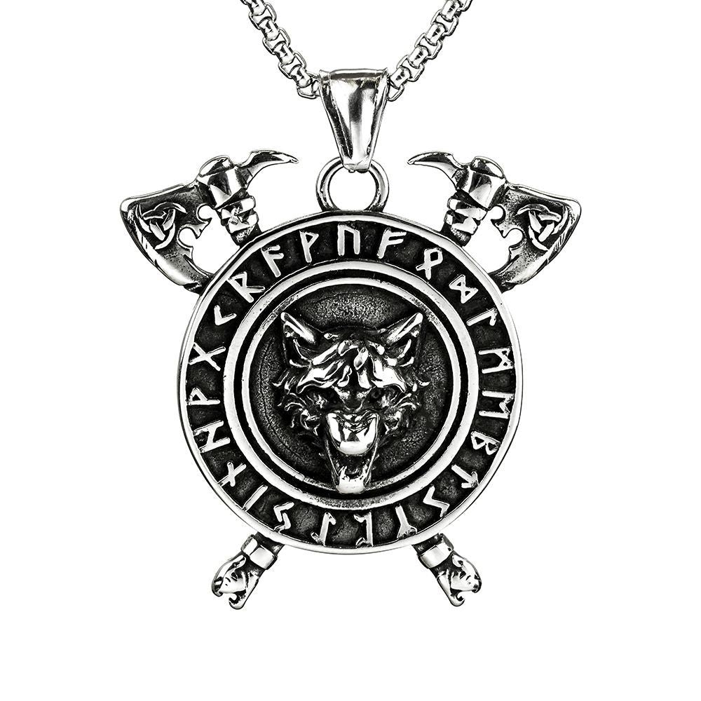 Vintage Viking Men's Stainless Steel Rune Wolf Head Double Ax Celtic ...