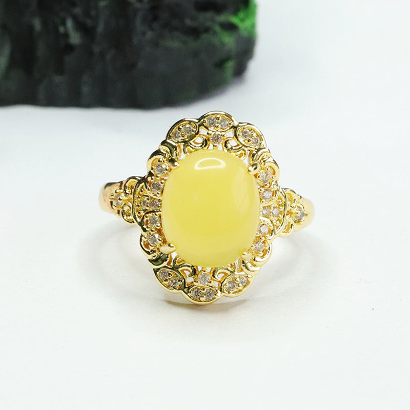 Auspicious Cloud Ring with Natural Beeswax Amber and Zircon Sterling Silver Jewelry for Women
