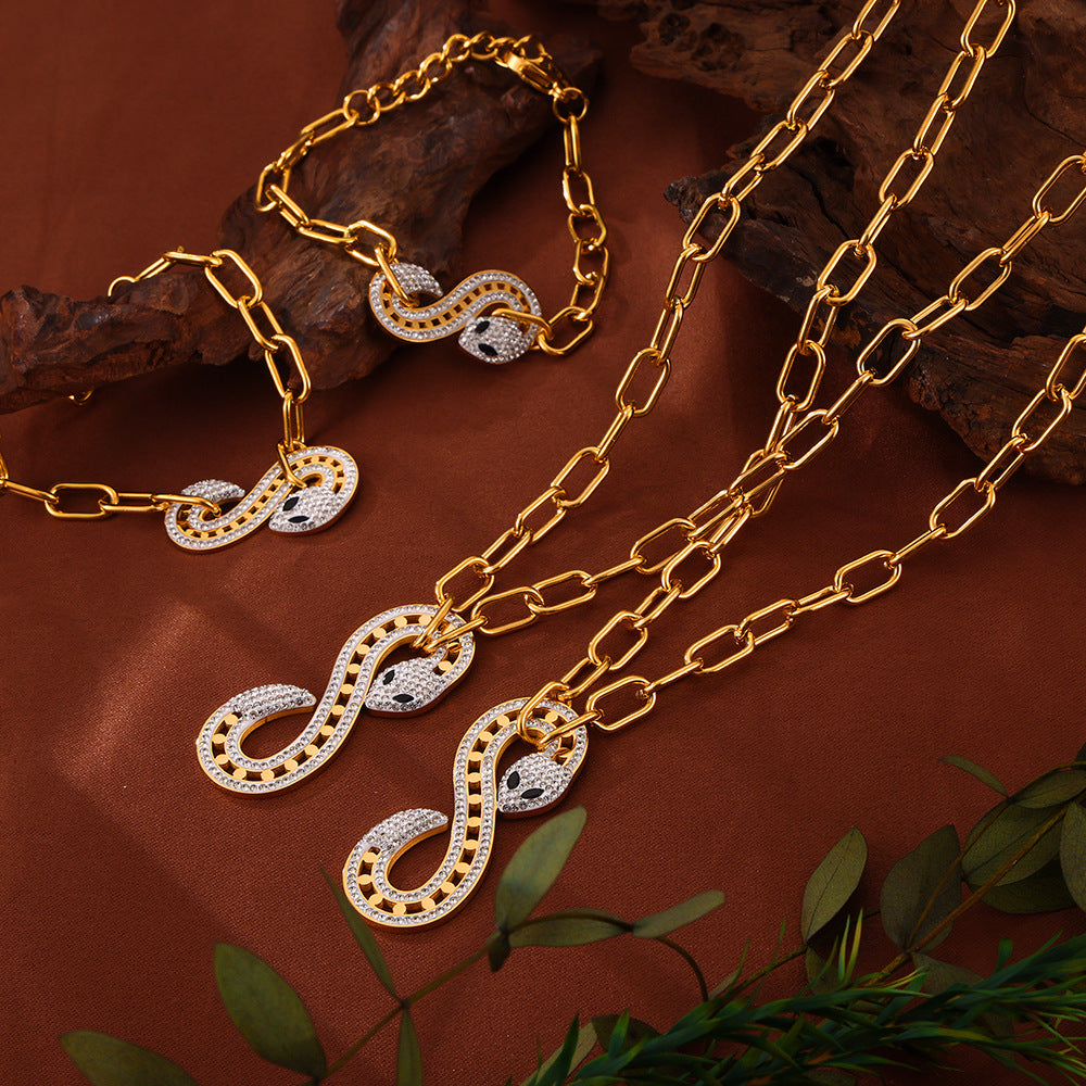 Elegant French Style Titanium Steel Jewelry Set with Zircon Snake Pend ...